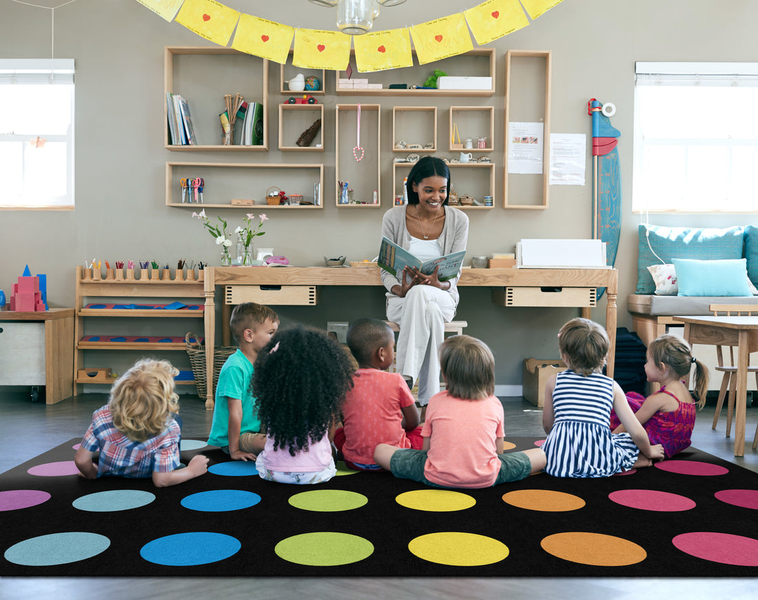 Rainbow Dots on Black Classroom Rug for Fun Learning – Schoolgirl Style
