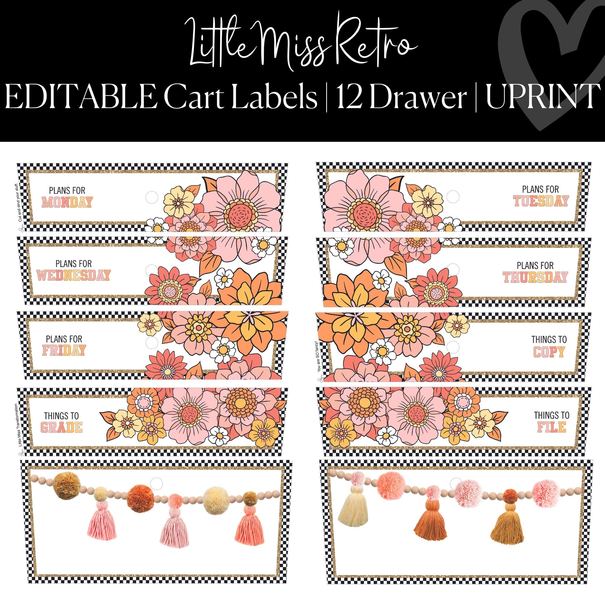 Printable and Editable 12 Drawer Rolling Cart Labels | Retro Classroom ...