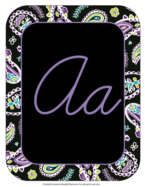 Alphabet Letters - Cursive | Midnight Orchid Paisley | Schoolgirl Style