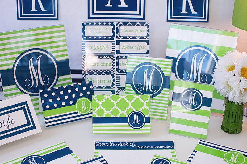 Stationary Set | Preppy Nautical Lime Green and Navy Blue | Schoolgirl ...