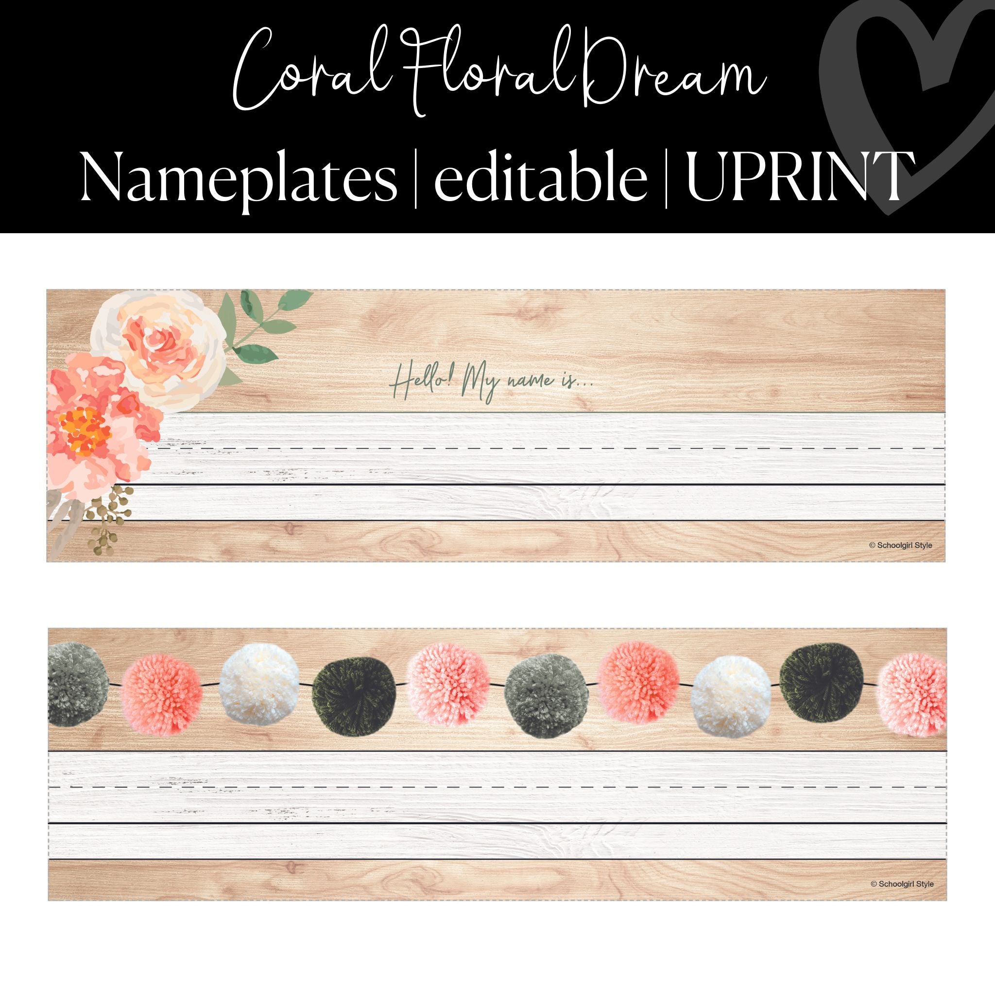 Printable and Editable Nameplates | Coral Classroom Decor |Schoolgirl Style