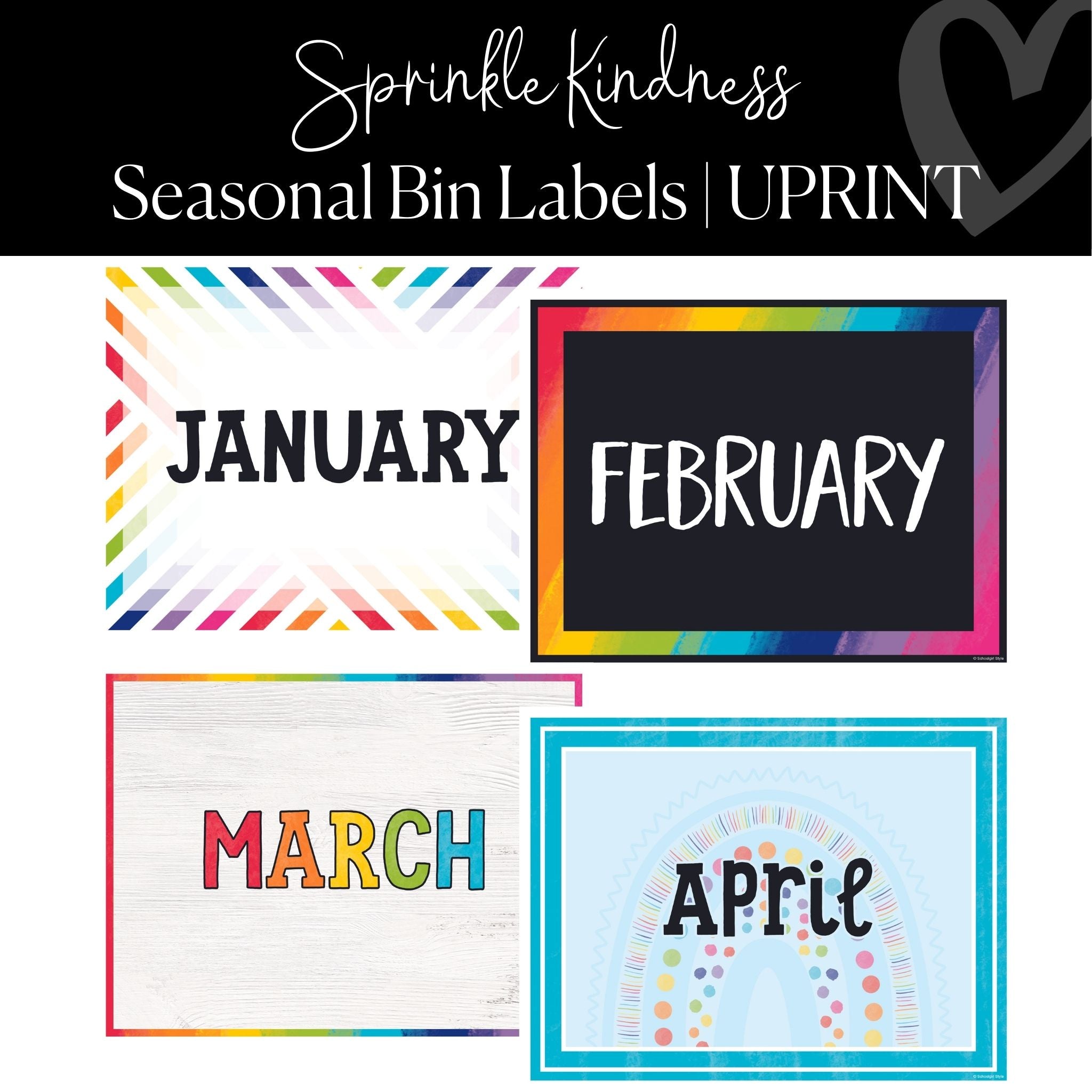 Printable Seasonal Bin Labels | Rainbow Classroom Decor| Schoolgirl Style
