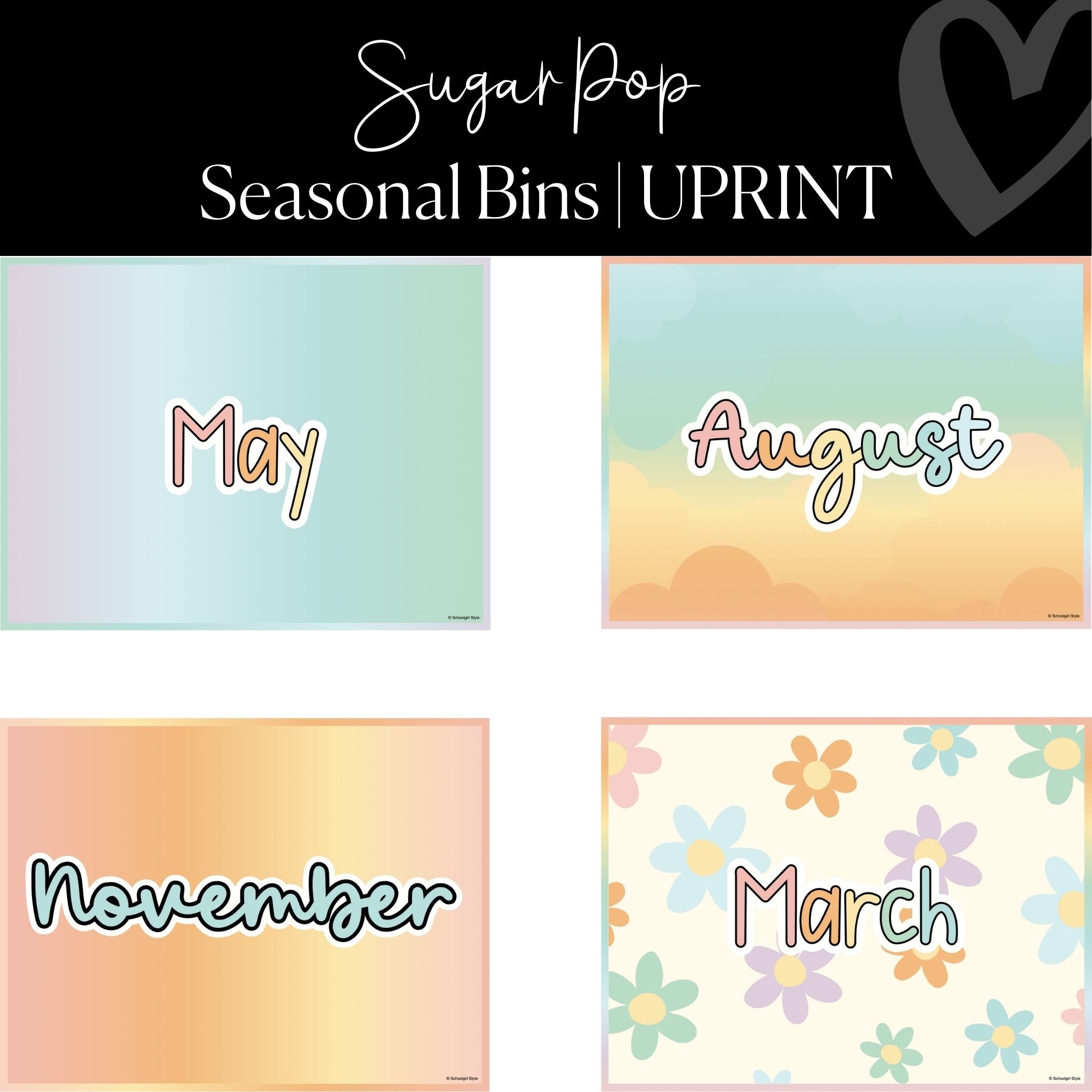 Printable Seasonal Bin Labels | Pastel Classroom Decor | Schoolgirl Style